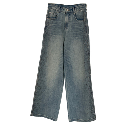 浅蓝高腰阔腿牛仔裤女烫钻显瘦