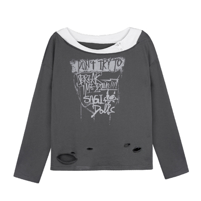 少女斗志破洞假两件长袖卫衣T恤