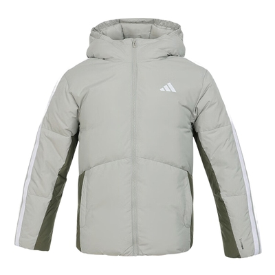 adidas阿迪达斯2025冬男大童休闲保暖羽绒服连帽外套三条纹KC5927