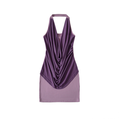 褶皱荡领假两件挂脖包臀连衣裙