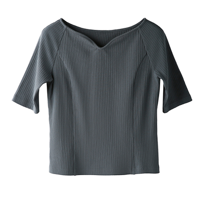 popchrio海鸥V领一字肩短袖上衣