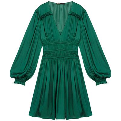 maje女装收腰灯笼袖V领连衣裙