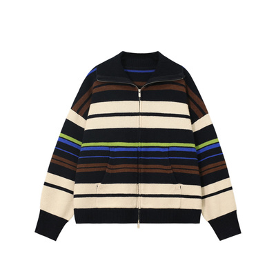 撞色条纹绵羊毛拉链毛衣