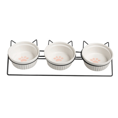 三连猫咪陶瓷高脚护颈碗