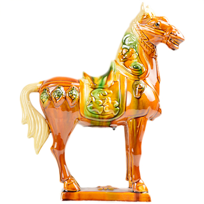 唐三彩将军马对马摆件中式陶瓷