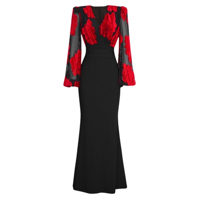 尤克菲儿 原创轻奢高定网布植绒拼接水晶麻优雅气质连衣裙