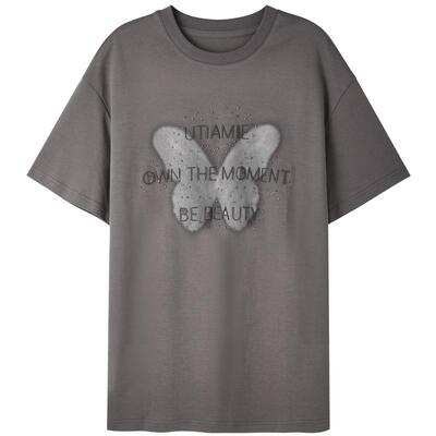 U/TI深灰色烫钻蝴蝶棉T恤女装 百搭简约亲肤短袖尤缇2025夏季新款