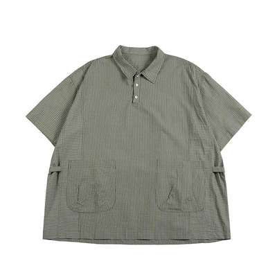 NOEARS夏季复古cityboy绿色条纹拼接短袖衬衣半门襟宽松衬衫男