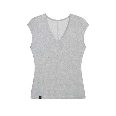 SHALL NOT UNTRUE莱赛尔天丝亚麻小飞袖V领上衣女亲肤透气收腰T恤