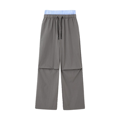 CLP黑灰双腰头拼接休闲裤男宽松直筒阔腿抽绳松紧腰褶皱收腰拖地