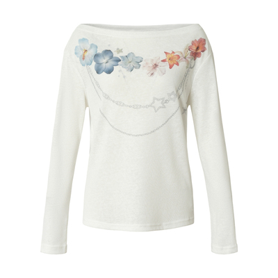 RPB BRAND透气韩系星星花卉项链斜肩长袖T恤百搭微透罩衫白色上衣