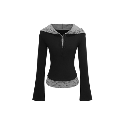 假两件大兜帽针织衫涂鸦印花上衣