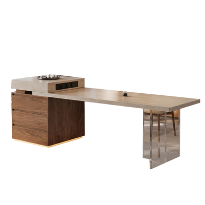 洞石岩板岛台餐桌一体可伸缩泡茶