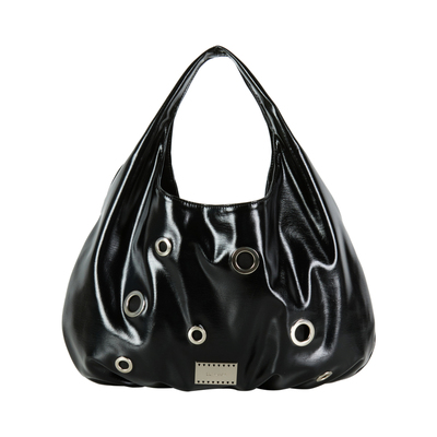 朋克气眼装饰油蜡亮面皮革单肩包