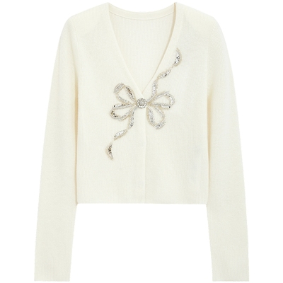 bebe2025秋冬新款绵羊毛V领修身显瘦蝴蝶结修饰针织开衫430611