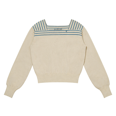 LLANO羊毛方领套头海军条纹