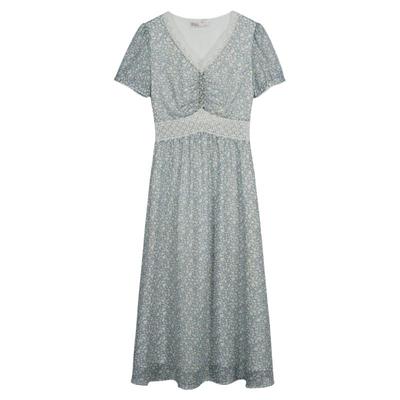 法式v领浅蓝碎花短袖中长连衣裙