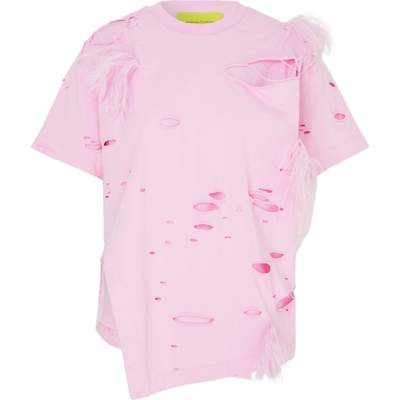 Marques' Almeida春夏女士羽毛边饰仿旧棉质平纹布T恤