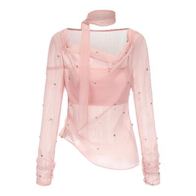 ARTEPURA粉色雪纺钉钻上衣