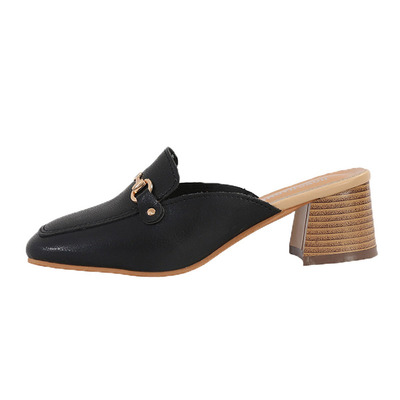 仙女风百搭方头粗跟包头半拖女