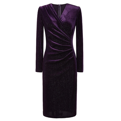 孔雀蓝v领金丝绒连衣裙气质修身