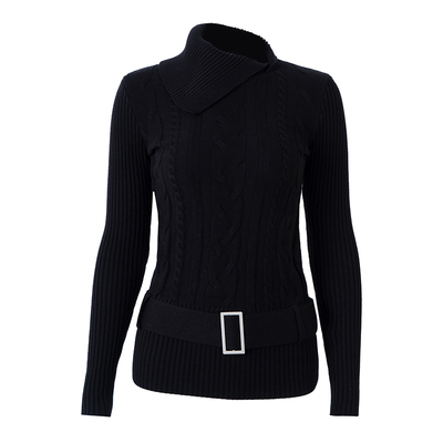 PynkiSwear 黑色/白色高领修身麻花腰带毛衣女绞花针织打底衫上衣