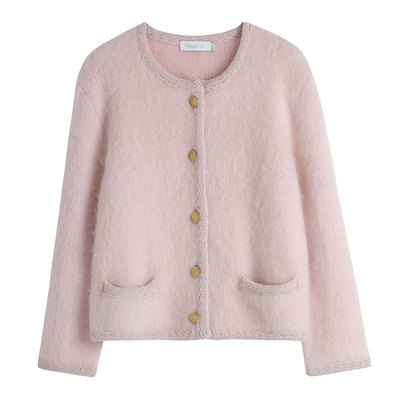 CAN粉色软糯针织毛衣开衫外套女