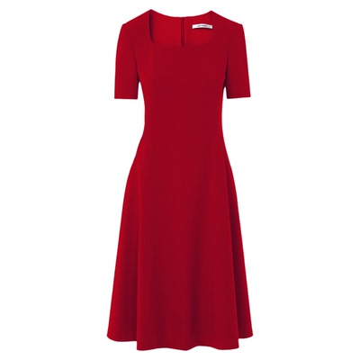 朗姿方领收腰气质A摆短袖连衣裙简约通勤风中长裙2026年夏季新款