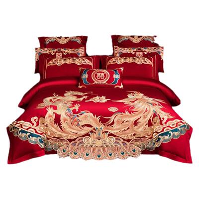 结婚高档长绒棉纯棉四件套全棉龙凤刺绣婚庆陪嫁新婚房用品送被芯