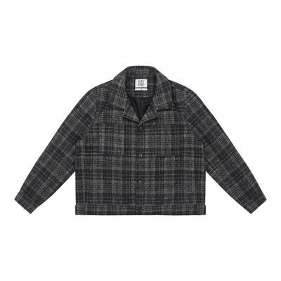 EMPTY REFERENCE 黑灰格纹复古毛呢垫肩重磅短款西装领夹克外套