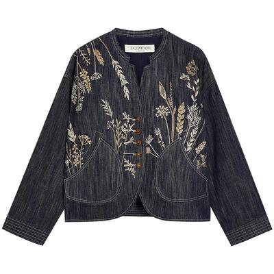 EXCEPTION例外女装春秋款纯棉绣花复古气质短款仿牛仔外套