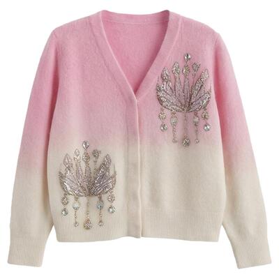 TCH【含绵羊毛】春款百搭烫钻粉色温柔减龄针织开衫女T78A43E1107