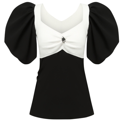 [吕燕同款]COMMEMOI吕燕设计师早春女装复古泡泡袖拼接针织上衣