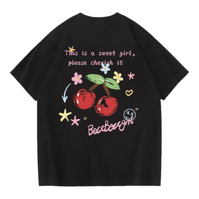 BECCBECCGIRL夏季纯棉短袖t恤女樱桃印花原创设计感中长款半袖潮