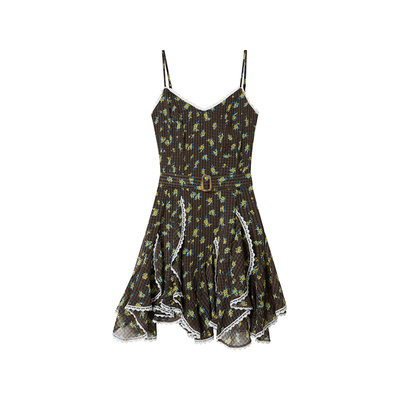 Uena棕色碎花不规则吊带连衣裙