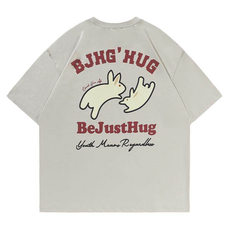 【BeJustHuG复古系列】BJHG夏植绒兔印花短袖男潮美式重磅纯棉T恤_虎窝淘