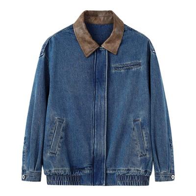 复古牛仔拼皮夹克外套定染质感