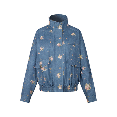 Three Quarters 女士蓝色牛仔碎花立领夹克外套银泰百货 301355