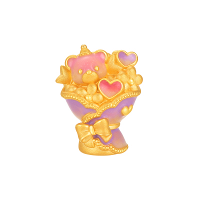 明牌珠宝黄金小熊花束工艺品 硬金鲜花足金小摆件AFQ0131