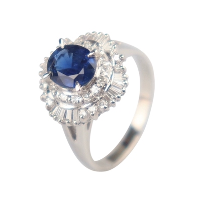 中古95新日本进口商品椭圆型切工蓝宝石钻石戒指铂金90051号