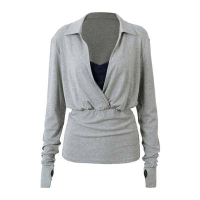 call it a day棕色/灰色V领假两件围裹T恤女收腰撞色长袖翻领上衣