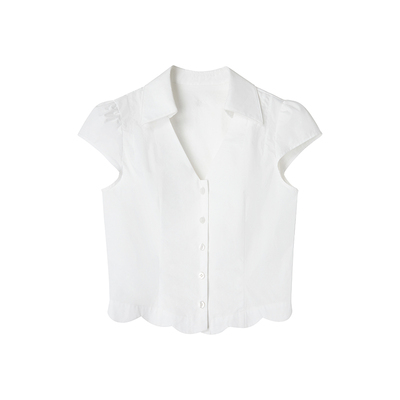 Uena白色花瓣下摆泡泡半袖衬衫