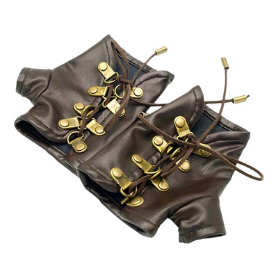 蒸汽朋克咖色抽带皮革半指手套