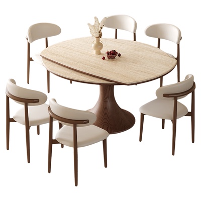 洞石岩板实木伸缩餐桌可变圆桌