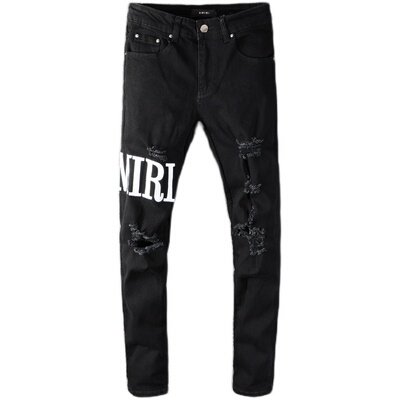 高街潮牌黑色破洞刺绣牛仔裤