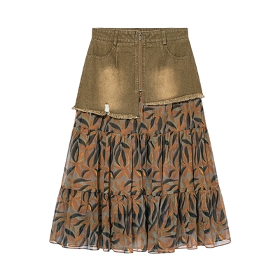 Desigual水洗牛仔花朵印花拼接假两件雅丹风半身裙