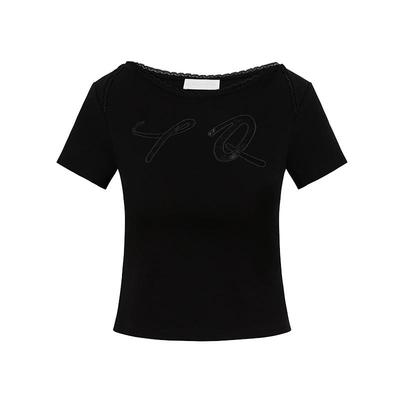 Three Quarters 25春夏女士黑色定位蕾丝logo镂空绣花T恤 301355