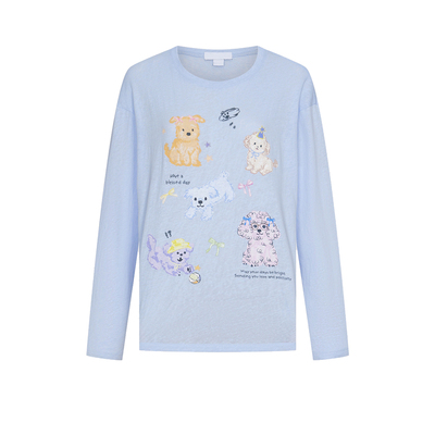 UR&DC2026春季新款都市甜美粉彩风萌宠小狗印花棉质圆领长袖T恤女