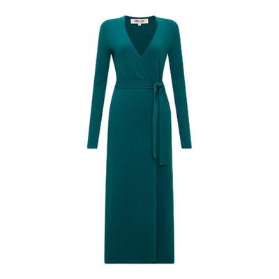 DVF森林绿V领毛衣裙裹身连衣裙