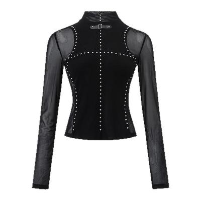 uhot 2025秋冬女士烫钻网纱拼接上衣打底衫银泰百货 301590